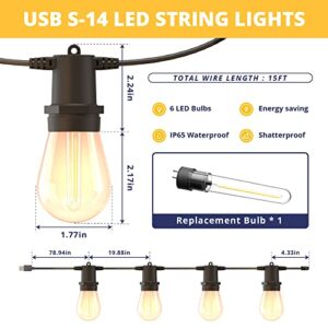 Sunnyload String Lights USB Powered 15FT,6 LED Camping Light String, Commercial Grade Hanging Lights Outdoor Waterproof and Shatterproof,Lightweight,Easy to Fold & Carry.