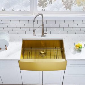 HOTIS Gold Farmhouse Sink, 30 Inch Gold Kitchen Sink, Flat Apron-Front Undermount Drop In Farm Sink, Stainless Steel Single Bowl Handmade Farmhouse Kitchen Sink, Workstation Sink With Accessories