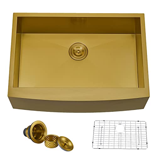 HOTIS Gold Farmhouse Sink, 30 Inch Gold Kitchen Sink, Flat Apron-Front Undermount Drop In Farm Sink, Stainless Steel Single Bowl Handmade Farmhouse Kitchen Sink, Workstation Sink With Accessories