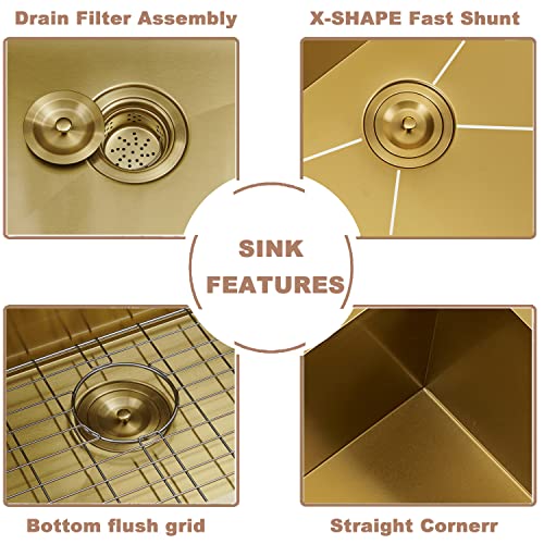 HOTIS Gold Farmhouse Sink, 30 Inch Gold Kitchen Sink, Flat Apron-Front Undermount Drop In Farm Sink, Stainless Steel Single Bowl Handmade Farmhouse Kitchen Sink, Workstation Sink With Accessories