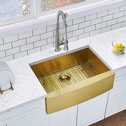 HOTIS Gold Farmhouse Sink, 30 Inch Gold Kitchen Sink, Flat Apron-Front Undermount Drop In Farm Sink, Stainless Steel Single Bowl Handmade Farmhouse Kitchen Sink, Workstation Sink With Accessories