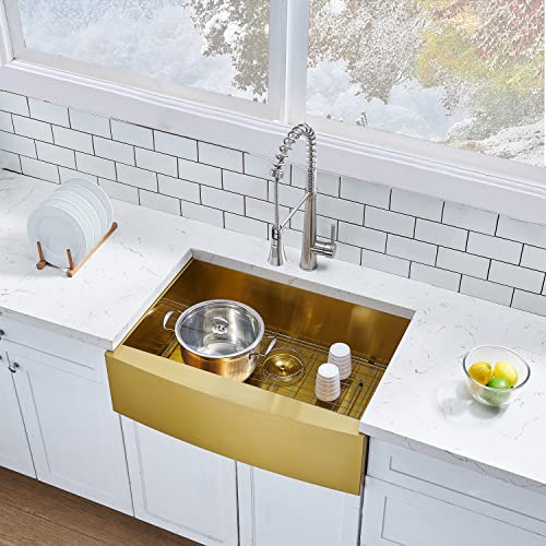 HOTIS Gold Farmhouse Sink, 30 Inch Gold Kitchen Sink, Flat Apron-Front Undermount Drop In Farm Sink, Stainless Steel Single Bowl Handmade Farmhouse Kitchen Sink, Workstation Sink With Accessories