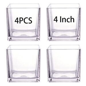 4pcs square glass vase 4"x4" clear cube flower vase for wedding centerpiece candle holder home