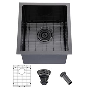 comllen 15 x 17 inch black bar sink undermount，black stainless steel wet bar prep sink small kitchen sink single bowl rv sink with bottom grid and strainer-kyl001b