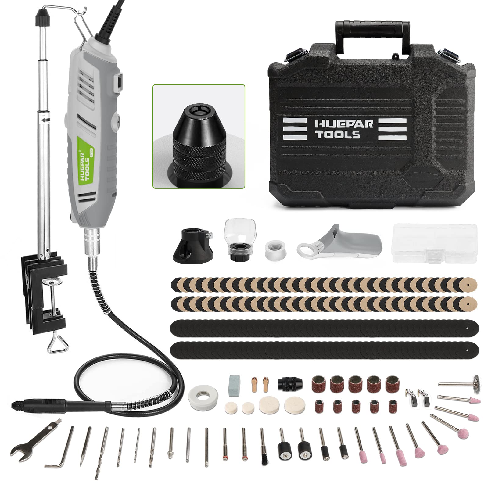 Huepar Tools Rotary Tool Kit, 200W 1.8 AMP with Flex Shaft 239pcs Accessories include MultiPro Keyless Chuck, 6 Variable Speed 10000-40000RPM Electric Drill Set for Crafting Projects and DIY Creations