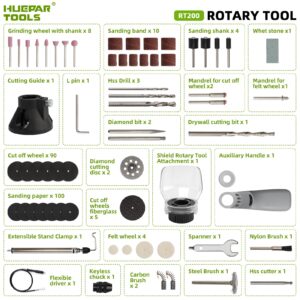 Huepar Tools Rotary Tool Kit, 200W 1.8 AMP with Flex Shaft 239pcs Accessories include MultiPro Keyless Chuck, 6 Variable Speed 10000-40000RPM Electric Drill Set for Crafting Projects and DIY Creations