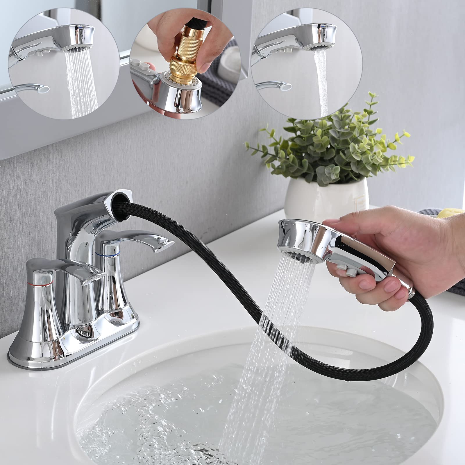 Besfelos Bathroom Faucet with Pull Out Sprayer, 4 Inch Centerset 3 Hole Faucet Utility Sink Faucet, 2 Handle Pull Out Faucet for Bathroom, Utility Sink or Laundry Tub, Chrome