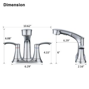 Besfelos Bathroom Faucet with Pull Out Sprayer, 4 Inch Centerset 3 Hole Faucet Utility Sink Faucet, 2 Handle Pull Out Faucet for Bathroom, Utility Sink or Laundry Tub, Chrome