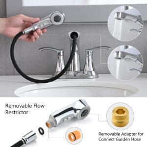 Besfelos Bathroom Faucet with Pull Out Sprayer, 4 Inch Centerset 3 Hole Faucet Utility Sink Faucet, 2 Handle Pull Out Faucet for Bathroom, Utility Sink or Laundry Tub, Chrome