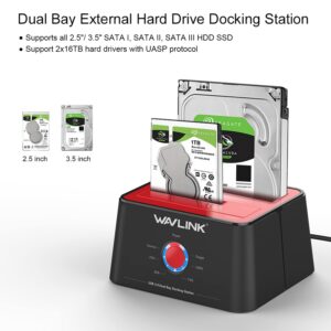 WAVLINK USB 3.0 to SATA I/II/III Dual Bay External Hard Drive Enclosure Docking Station, Caddy Reader for 2.5/3.5 inch SATA HDD SSD, 2x16TB and UASP Offline Cloner, Disk Duplicator Function- Red