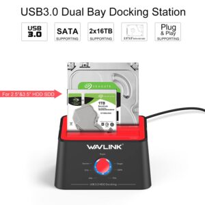 WAVLINK USB 3.0 to SATA I/II/III Dual Bay External Hard Drive Enclosure Docking Station, Caddy Reader for 2.5/3.5 inch SATA HDD SSD, 2x16TB and UASP Offline Cloner, Disk Duplicator Function- Red