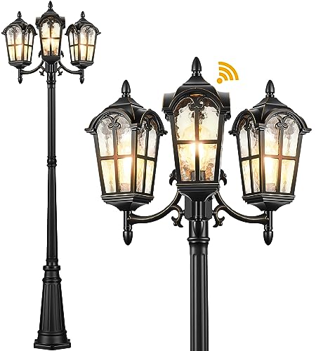 VIANIS 3-Head Outdoor Lamp Post Light Fixture, Black Outdoor Light Dusk Dawn Sensor for Lamp Post, Waterproof Anti-Rust Aluminum Housing with Tempered Glass, Street Light for Garden, Patio, Driveway