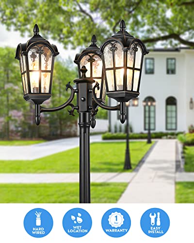 VIANIS 3-Head Outdoor Lamp Post Light Fixture, Black Outdoor Light Dusk Dawn Sensor for Lamp Post, Waterproof Anti-Rust Aluminum Housing with Tempered Glass, Street Light for Garden, Patio, Driveway