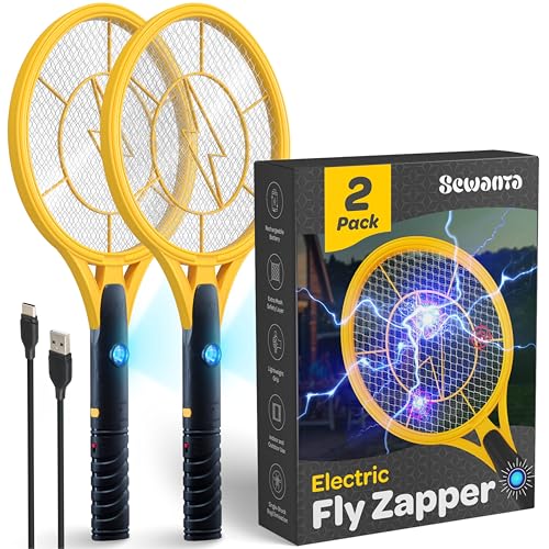 Electric 4000 Volt Fly Swatter [Set of 2] Handheld Bug Zapper Racket for Indoor/Outdoor - Instant Bug & Mosquito Killer with Attractant LED Light - USB Rechargeable Portable Fly Zapper.