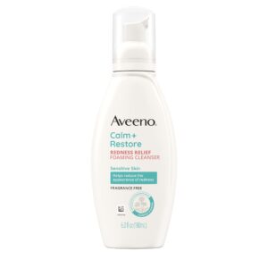 Aveeno Calm + Restore Redness Relief Foaming Cleanser, Daily Facial Cleanser With Calming Feverfew to Help Reduce the Appearance of Redness, Hypoallergenic & Fragrance-Free, 6 fl. oz