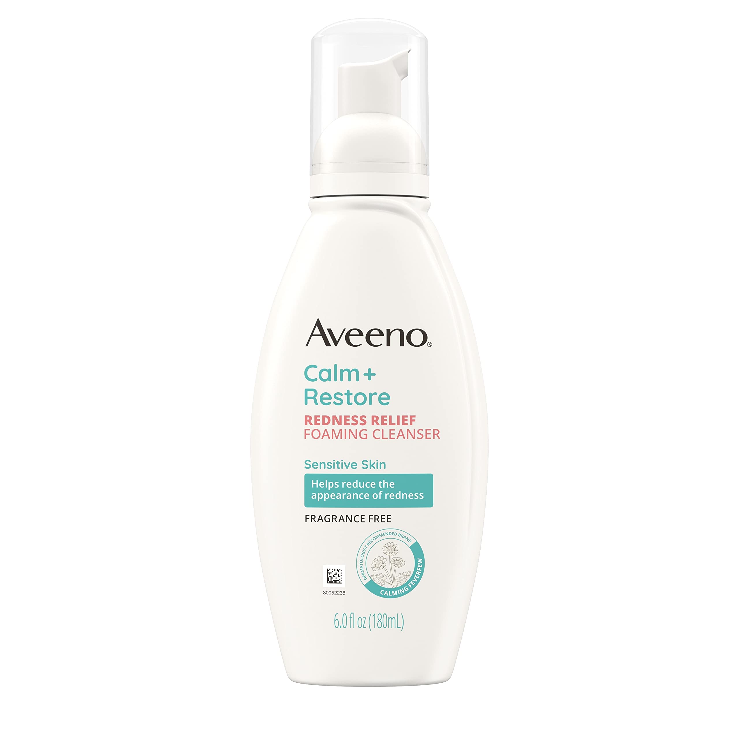 Aveeno Calm + Restore Redness Relief Foaming Cleanser, Daily Facial Cleanser With Calming Feverfew to Help Reduce the Appearance of Redness, Hypoallergenic & Fragrance-Free, 6 fl. oz