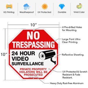 No Trespassing Sign Private Property Protected By Video Surveillance Violators Will Be Prosecuted Sign, 2-Pack 10 x 10 Inch Reflective Aluminum, UV Protected, Weather/Fade Resistant, Easy to Install