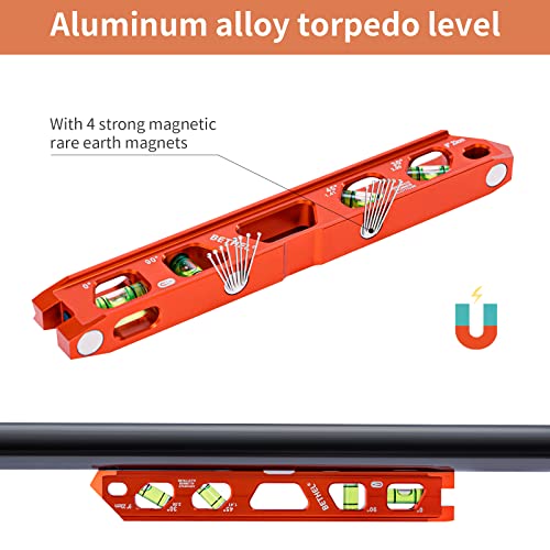 BETHEL Torpedo Level, Magnetic Conduit Level with 4 Vials, V-Groove and Magnet Track, Aluminum Alloy Construction, High Viz Orange (9 inch)