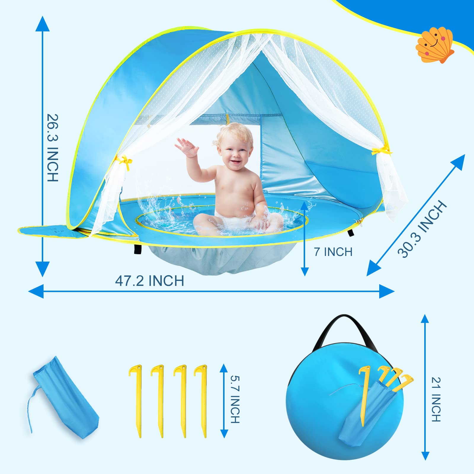 Monobeach Baby Beach Tent, Beach Canopy Sun Shelter UPF50+ UV Protection Baby Pool with Canopy, Easy Set Up Pop Up Baby Beach Shade Pool for Toddlers Outdoor Camping Pool Fun (Front Mesh Blue)