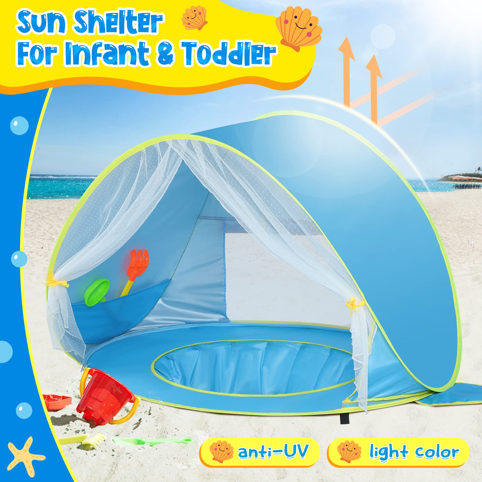 Monobeach Baby Beach Tent, Beach Canopy Sun Shelter UPF50+ UV Protection Baby Pool with Canopy, Easy Set Up Pop Up Baby Beach Shade Pool for Toddlers Outdoor Camping Pool Fun (Front Mesh Blue)