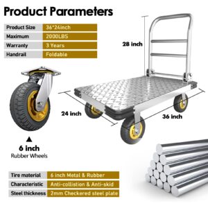 Platform Trucks, Dolly Cart Heavy Duty 2000 LBS Capacity, Steel Foldable Push Cart Dolly Large Flatbed Cart w/360 Degree 6" Swivel Wheels 36"x24" Platform Truck Hand Cart for Groceries, Warehouse