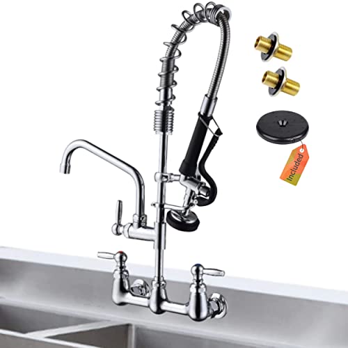 GOLREAN Commercial Sink Faucet with Pre-Rinse Sprayer, Wall Mount 8 Inch Center 26” Height with 8'' add- on Swivel Spout for 2-3 Compartment Utility Sink with Installation kit