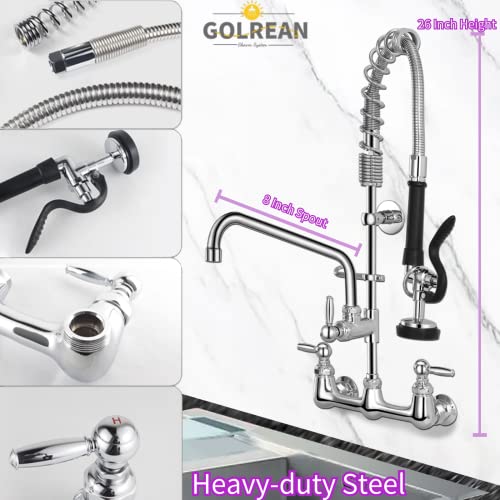 GOLREAN Commercial Sink Faucet with Pre-Rinse Sprayer, Wall Mount 8 Inch Center 26” Height with 8'' add- on Swivel Spout for 2-3 Compartment Utility Sink with Installation kit