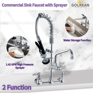 GOLREAN Commercial Sink Faucet with Pre-Rinse Sprayer, Wall Mount 8 Inch Center 26” Height with 8'' add- on Swivel Spout for 2-3 Compartment Utility Sink with Installation kit