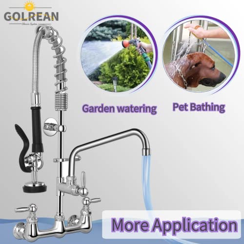 GOLREAN Commercial Sink Faucet with Pre-Rinse Sprayer, Wall Mount 8 Inch Center 26” Height with 8'' add- on Swivel Spout for 2-3 Compartment Utility Sink with Installation kit