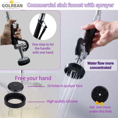 GOLREAN Commercial Sink Faucet with Pre-Rinse Sprayer, Wall Mount 8 Inch Center 26” Height with 8'' add- on Swivel Spout for 2-3 Compartment Utility Sink with Installation kit