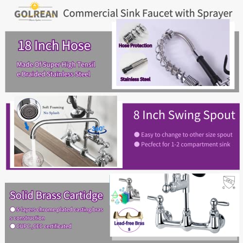 GOLREAN Commercial Sink Faucet with Pre-Rinse Sprayer, Wall Mount 8 Inch Center 26” Height with 8'' add- on Swivel Spout for 2-3 Compartment Utility Sink with Installation kit