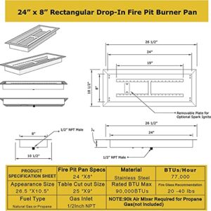 MENSI 24 by 8 Inch Stainless Steel Rectangle Drop in Rectangle Propane Natural Fire Pit Burner Sytem Kit DIY Fire Table Accessories