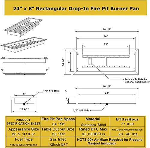 MENSI 24 by 8 Inch Stainless Steel Rectangle Drop in Rectangle Propane Natural Fire Pit Burner Sytem Kit DIY Fire Table Accessories