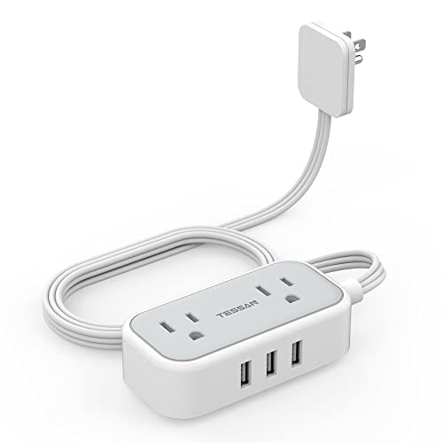 Flat Plug Extension Cord with 3 USB Ports, TESSAN Ultra Thin Power Strip with 2 AC Outlets Cruise Ship Essentials, Small 5 ft Low Profile Outlet Concealer for Travel Office School Dorm Room Essentials