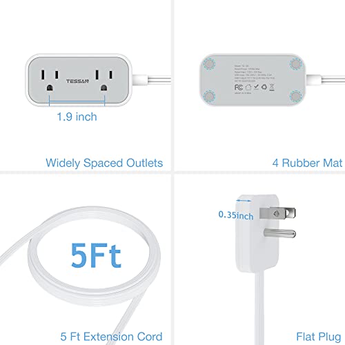 Flat Plug Extension Cord with 3 USB Ports, TESSAN Ultra Thin Power Strip with 2 AC Outlets Cruise Ship Essentials, Small 5 ft Low Profile Outlet Concealer for Travel Office School Dorm Room Essentials