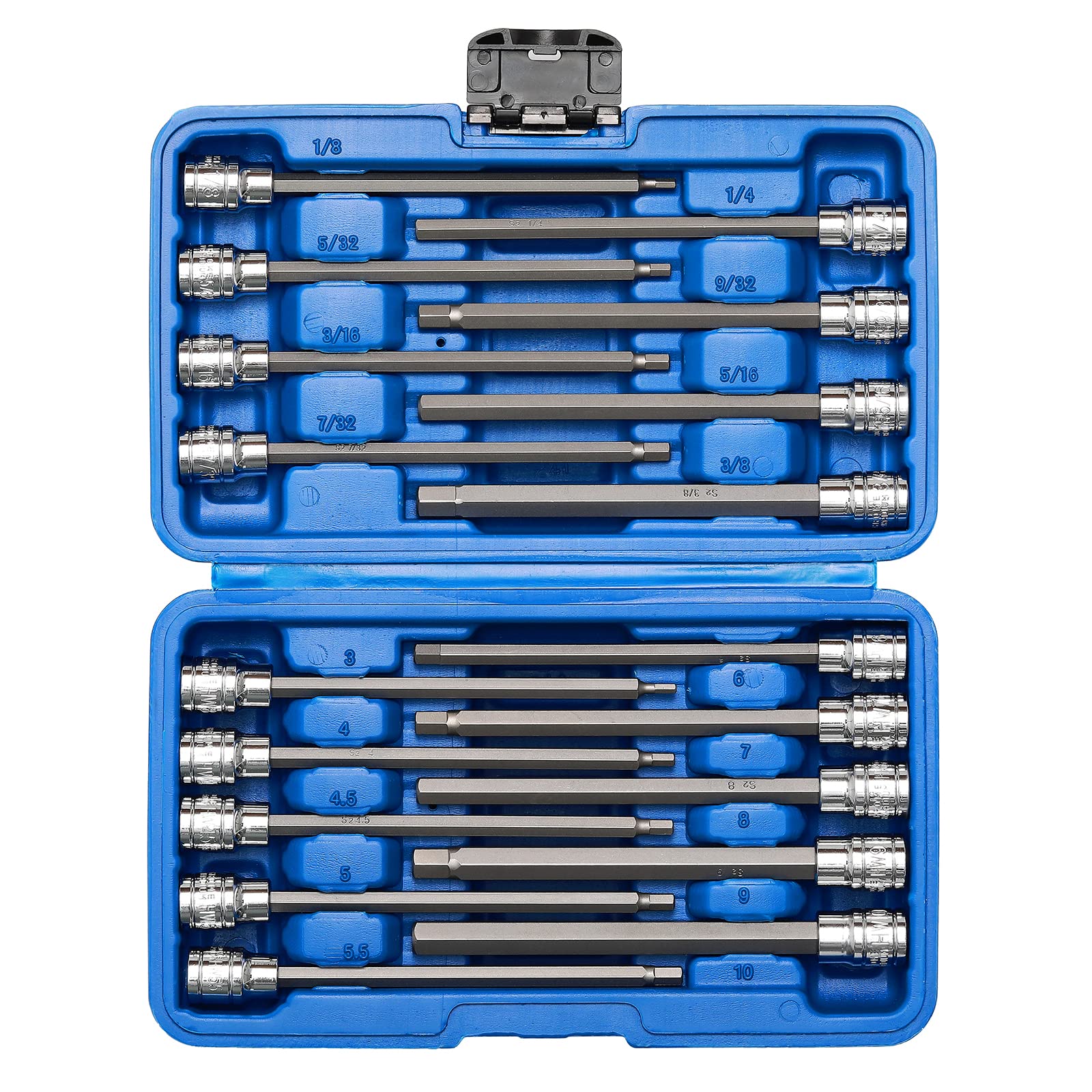 Mayouko 3/8" Drive Extra Long Allen Hex Bit Socket Set, 1/8" - 3/8", 3-10mm, S2&CR-V, Metreic&SAE, 18 Pieces, 150mm/5.9" Length