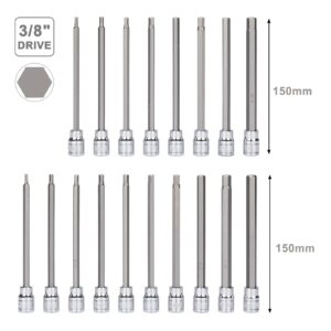 Mayouko 3/8" Drive Extra Long Allen Hex Bit Socket Set, 1/8" - 3/8", 3-10mm, S2&CR-V, Metreic&SAE, 18 Pieces, 150mm/5.9" Length