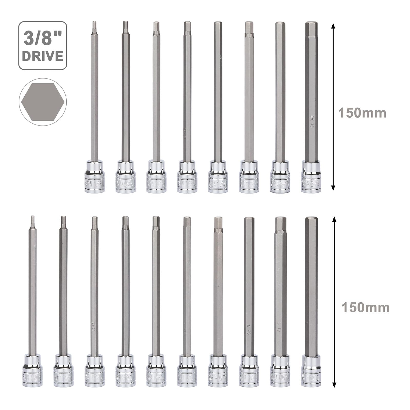 Mayouko 3/8" Drive Extra Long Allen Hex Bit Socket Set, 1/8" - 3/8", 3-10mm, S2&CR-V, Metreic&SAE, 18 Pieces, 150mm/5.9" Length