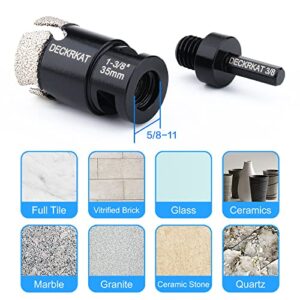 Diamond Core Drill Bit Vacuum Brazed 1-3/8” 35mm Diamond Hole Saw with Flutes for Granite Quartz Hard Porcelain Tile with 5/8-11 Female Thread & 3/8” Hex Shank Adapter Fit Angle Grinders & Drills