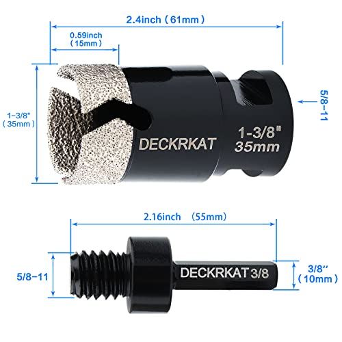 Diamond Core Drill Bit Vacuum Brazed 1-3/8” 35mm Diamond Hole Saw with Flutes for Granite Quartz Hard Porcelain Tile with 5/8-11 Female Thread & 3/8” Hex Shank Adapter Fit Angle Grinders & Drills