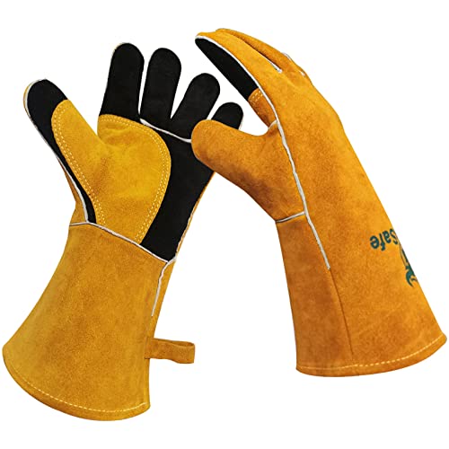 PerfeSafe Welding Gloves, 932℉ Heat Fire Resistant Gloves, Leather Welding Gloves for Stick/Tig/Mig/Forge, Mitts for BBQ,Oven,Grill,Fireplace,Stove,Animal Handling Gloves with Soft Lining