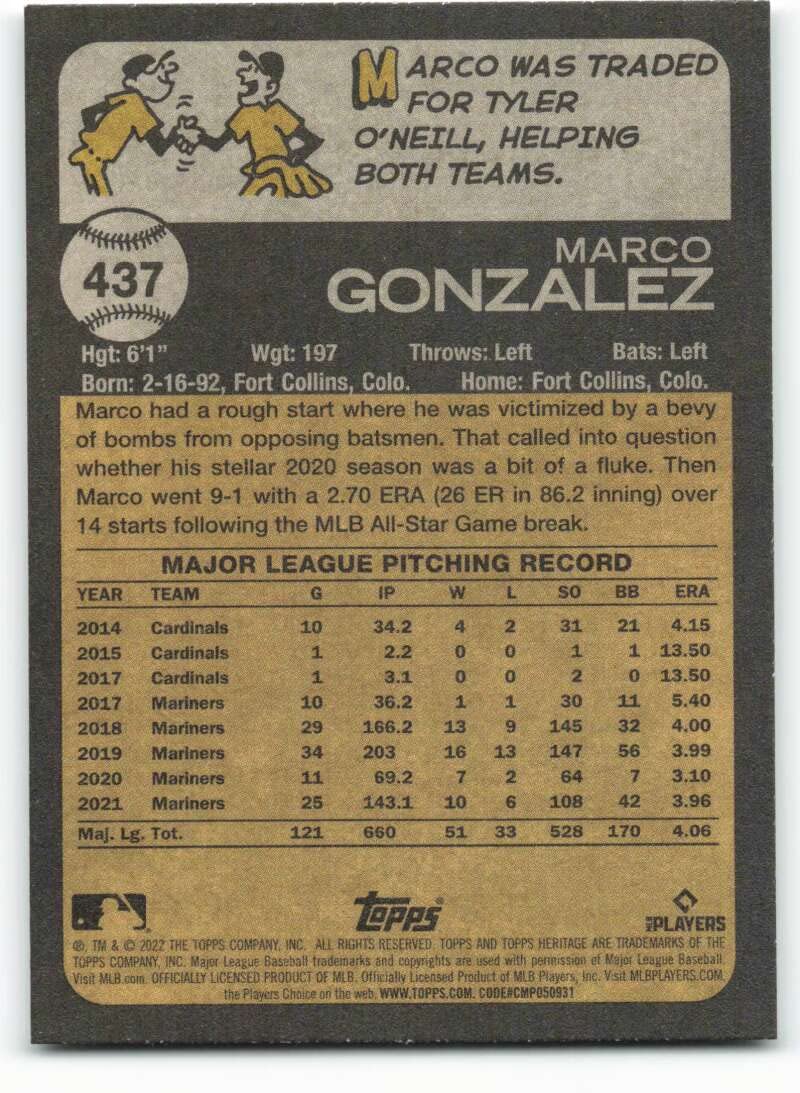 2022 Topps Heritage #437 Marco Gonzalez High Number Short Print SP Short Print Seattle Mariners MLB Baseball Base Trading Card