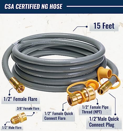 CALPOSE 15 Feet 1/2 inch ID Natural Gas Grill Hose with Quick Connect Fittings, Natural Gas Line for Grill, Pizza Oven, Heater and More Low Pressure Appliance