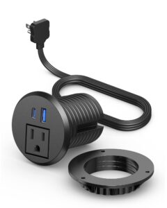 2 inch desktop power grommet with pd 20w usb c,ultra thin flat plug power strip,recessed outlet,slim outlet extender for office,table outlets for home, office,6 ft cable(black)