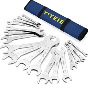 yiyeie 18pcs super-thin open end wrench set, metric & sae, 5.5mm to 27mm, 1/4" to 1-1/16", cr-v steel with mirror finish, ultra-slim wrench set with rolling pouch