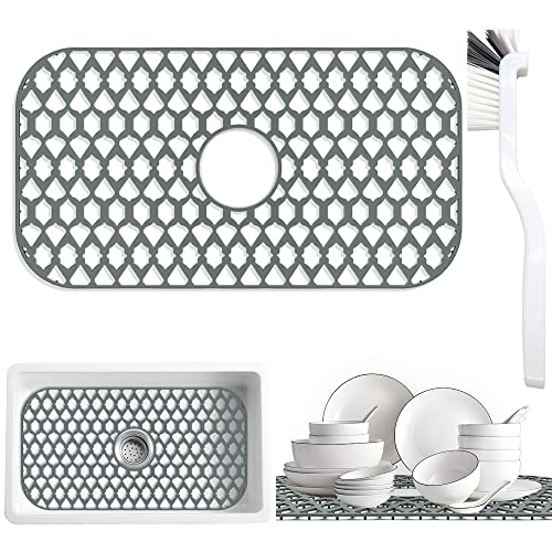 SAMSIER Sink Protectors for Kitchen Sink 19”x13”& 26”x14” with Cleaning Brush, Large Silicone Kitchen Sink Mats Grid for Bottom of Farmhouse Stainless Steel Porcelain Sink (26x14,Center Drain)