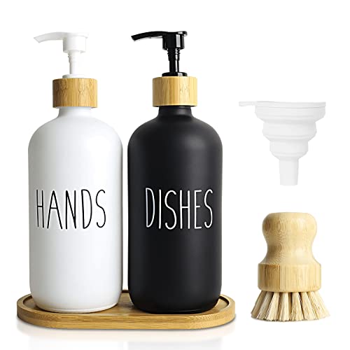 Soap Dispenser 2 Pack, Dish Soap Dispenser for Kitchen Sink, Hand Soap Dispenser Bathroom, 16 oz Glass Soap Dispenser with Rust Proof Pump, Modern Farmhouse Kitchen Decor (Black & White)