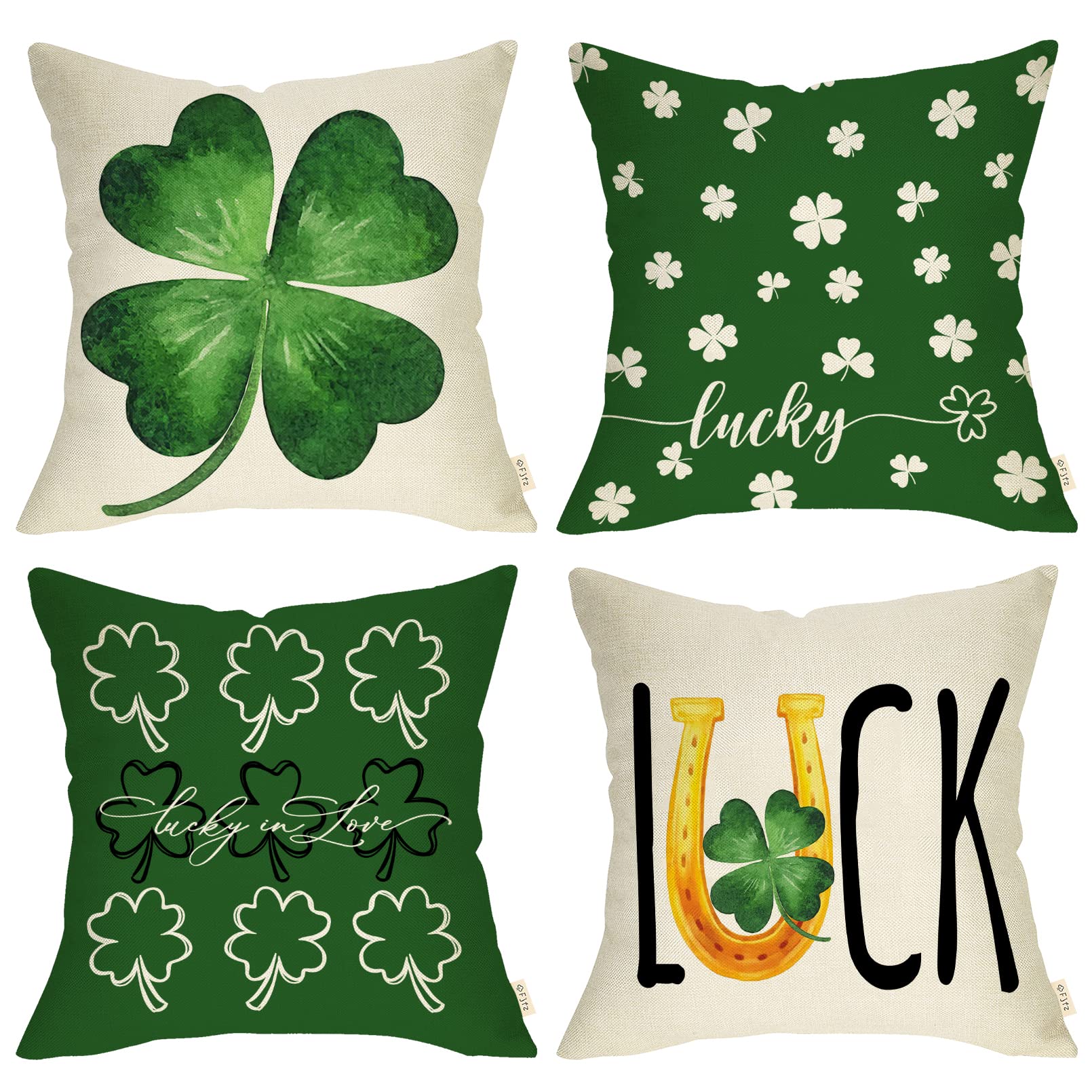 Fjfz St. Patrick's Day Luck Clover Decorative Throw Pillow Covers 18 x 18 Set of 4, Green Shamrock Horseshoe Holiday Porch Home Decor, Irish Lucky in Love Gifts Outdoor Sofa Couch Cushion Case