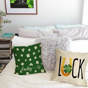 Fjfz St. Patrick's Day Luck Clover Decorative Throw Pillow Covers 18 x 18 Set of 4, Green Shamrock Horseshoe Holiday Porch Home Decor, Irish Lucky in Love Gifts Outdoor Sofa Couch Cushion Case