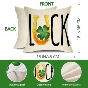 Fjfz St. Patrick's Day Luck Clover Decorative Throw Pillow Covers 18 x 18 Set of 4, Green Shamrock Horseshoe Holiday Porch Home Decor, Irish Lucky in Love Gifts Outdoor Sofa Couch Cushion Case